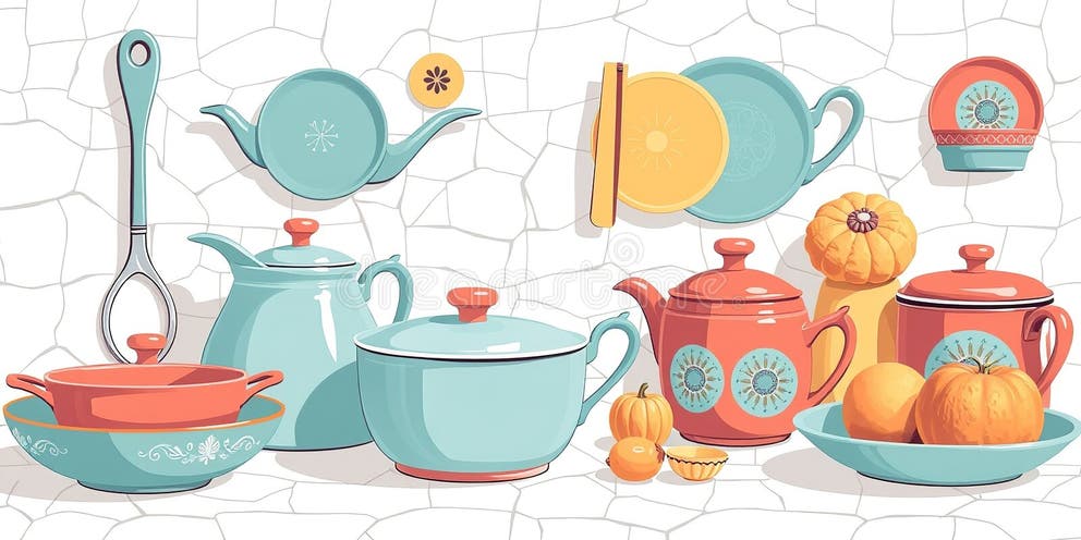 Vintage Kitchenware Designs on Distressed Porcelain a Colorful Retro ...