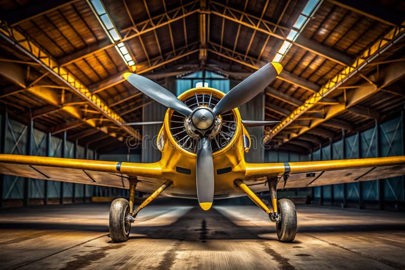 Nostalgic Yellow Propeller Airplane in a Vintage Hangar: a Time ...
