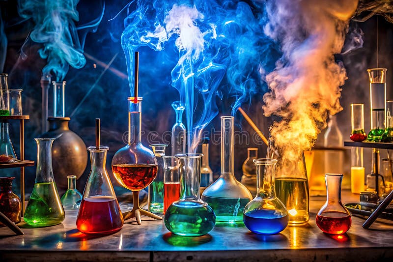 Intriguing Vintage Chemistry Lab Colorful Liquids Sparks and Smoke Fill ...