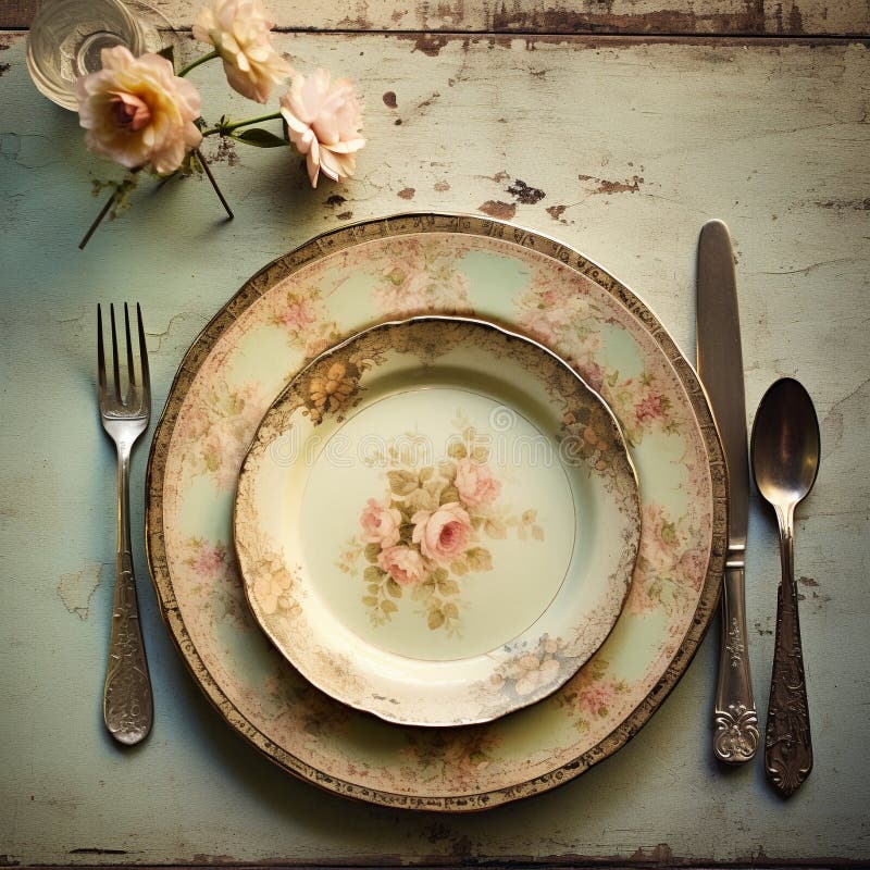 Vintage and Rustic Table Setting with Charming Dishware Stock Image ...