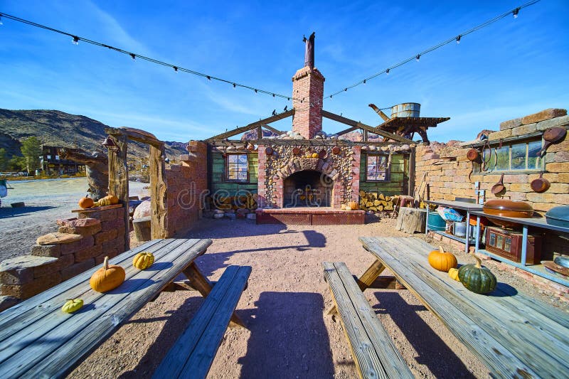 Rustic Desert Fireplace with Pumpkins in Nelson Nevada Eye-Level View ...