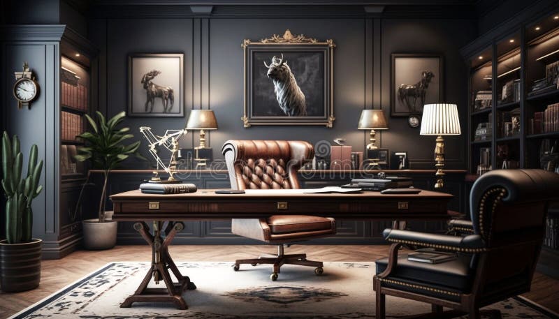 A Home Office Rustic with a Large Executive Desk and a Comfortable ...