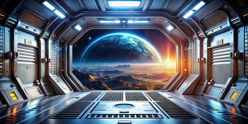 A Futuristic Spaceship Hatch Opens Onto a Cosmic Horizon Stunning 3D Render of a SciFi Landscape ...