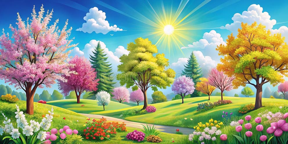 Enchanting Spring Scene Blooming Trees Sun Snow and Clouds in a ...