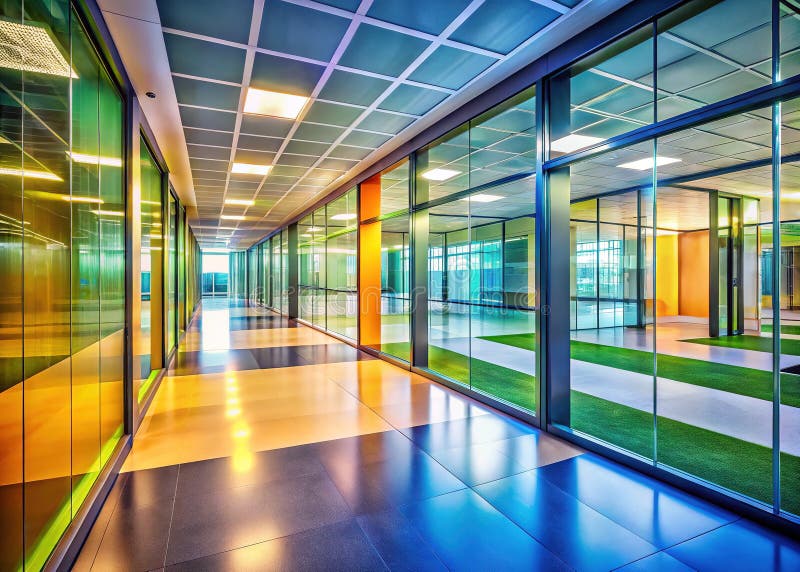 Spacious Modern Office Corridor with Panoramic Views and Reflective ...