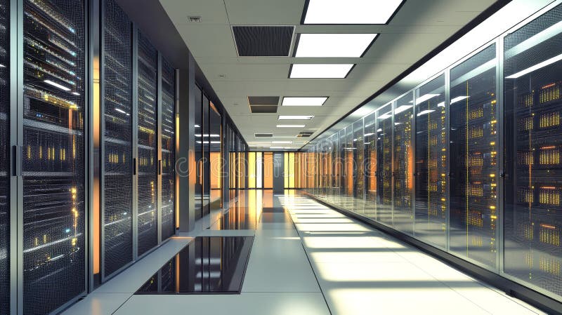 Step into a Bustling Data Center Filled with Advanced Servers, Where Technology Hums and Glowing ...