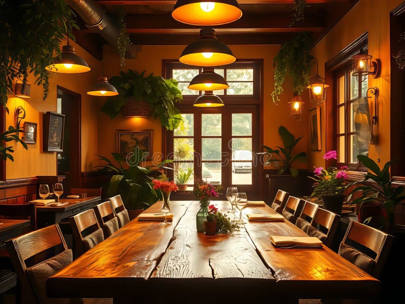 A Warm and Inviting Rustic Restaurant Interior at Twilight Stunning ...