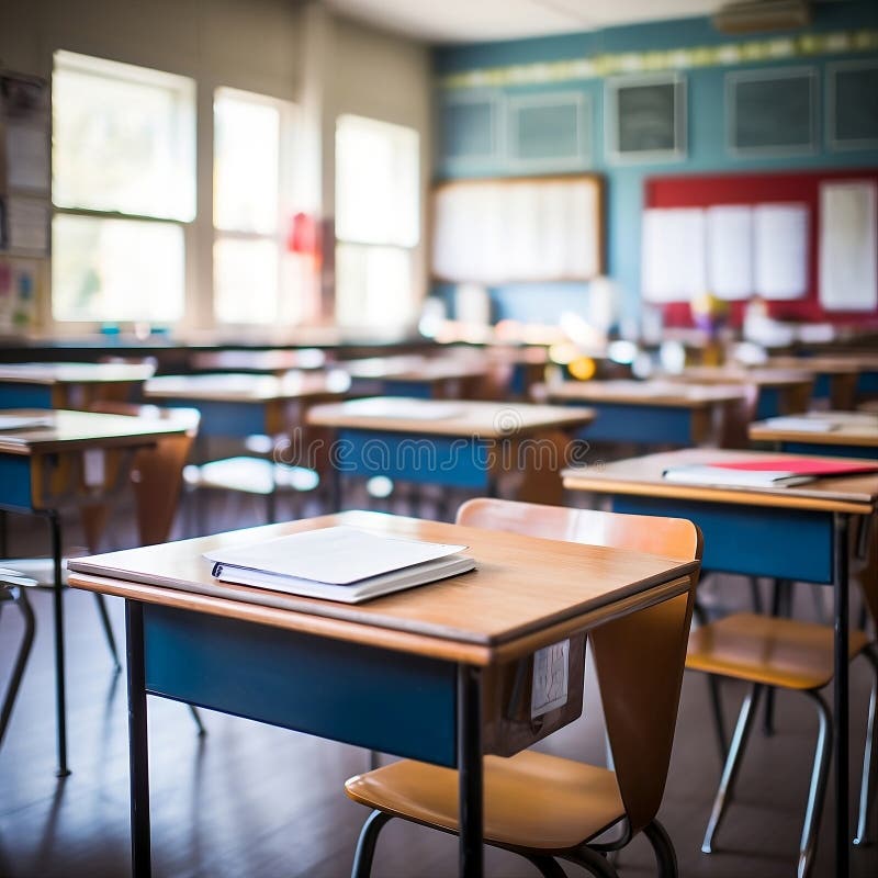A Classroom Setting with a Blurred Background and an Empty Student Desk ...
