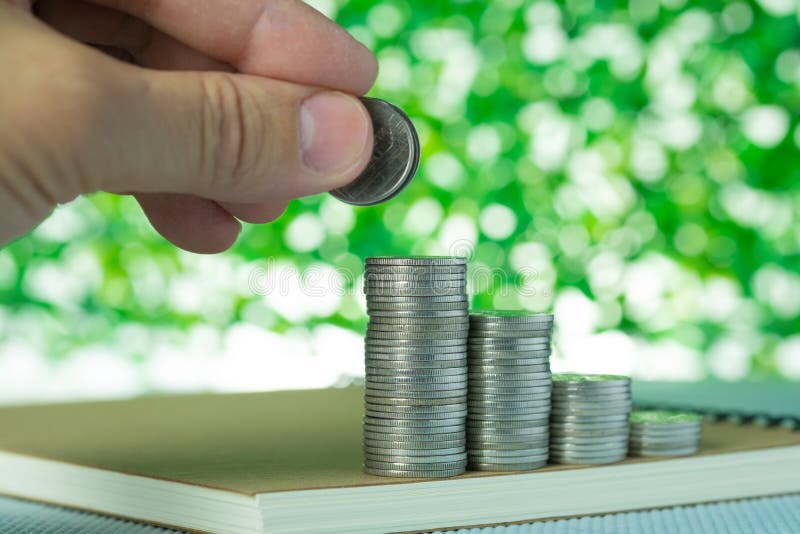 Step of Coin Stack with Notebook on Wooden Working Table Green B Stock ...