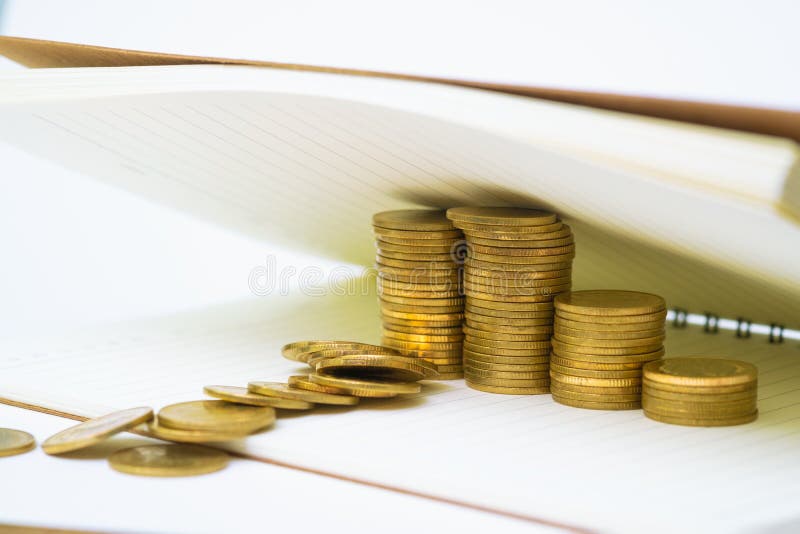 Step of Coins Stack on Notebook Paper with Copy Space for Add Te Stock ...