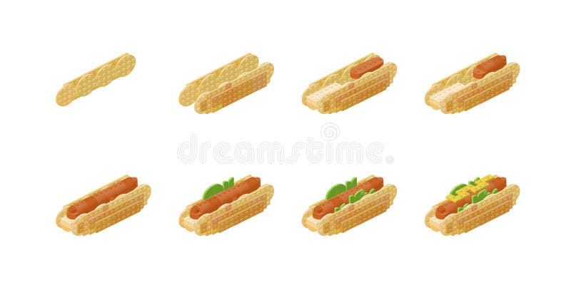 Step by Step Construction of a Hot Dog from Plastic Blocks. Vector ...