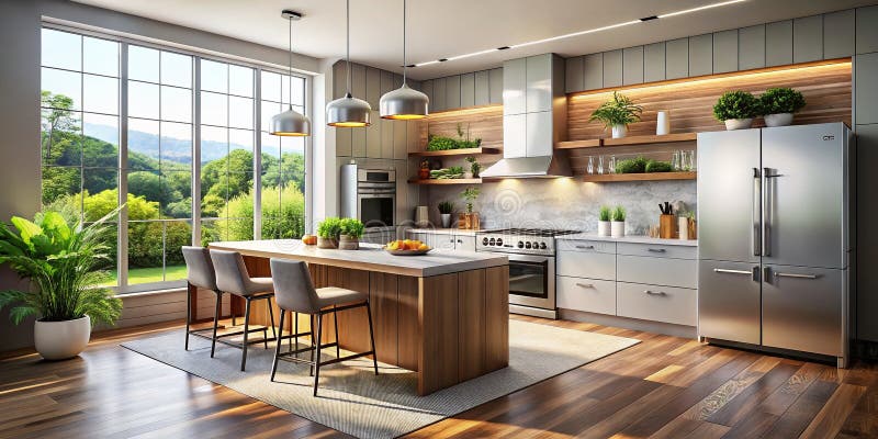 Spacious Modern Kitchen Design Sleek Appliances Ample Counter Space and ...