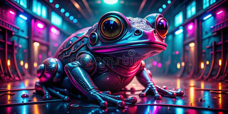 NeonLit Cyberpunk Frog an AIGenerated Robotic Amphibian in a Dimly Lit ...