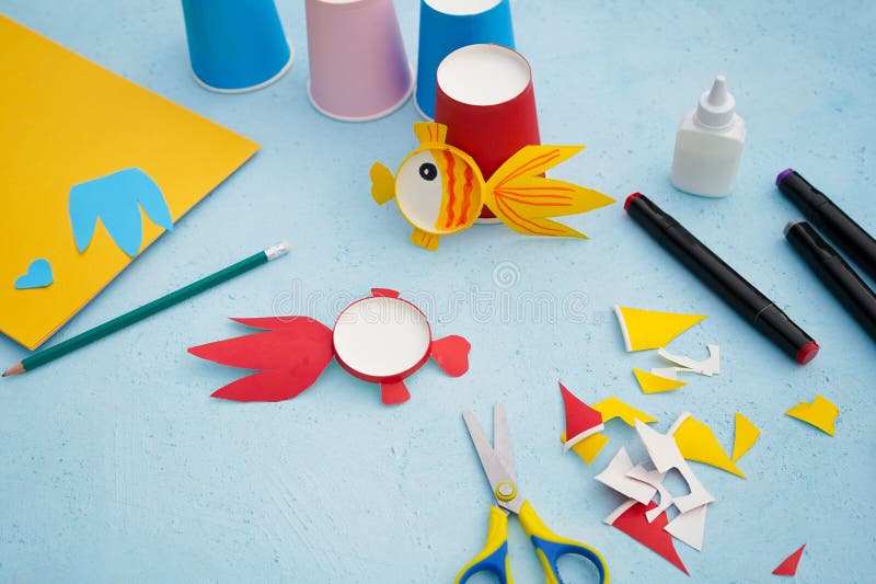 Step by Step Diy Process. Kids Craft Multicoloured Fish from a Paper ...