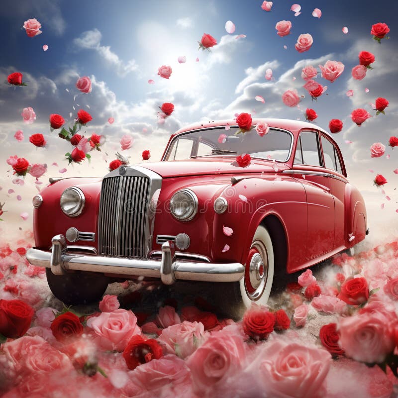 Romantic Wedding Car with Hearts and Roses Stock Photo - Image of ...