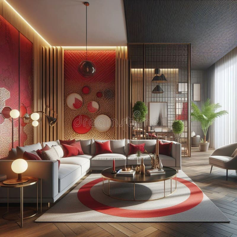 Sleek Room Interior Design: Modern Red Wallpaper in 3D Rendering Stock ...