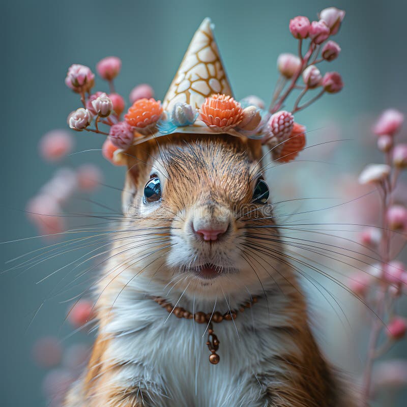 Vibrant Surreal Squirrel Party Celebration on Pastel Background Wearing ...