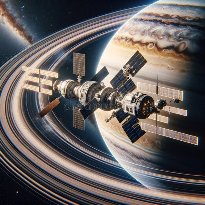 Solar-Powered Space Station Orbiting Alien Gas Giant Stock Illustration ...