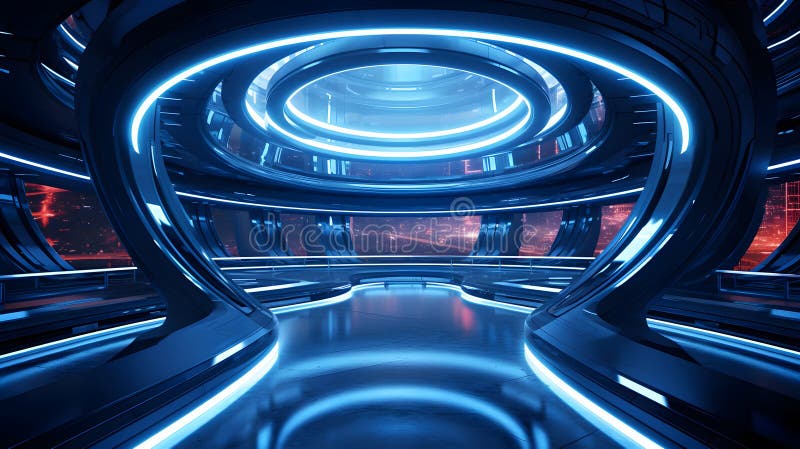 Sleek and Futuristic Massive Round Hall with Urban Cityscape Stock ...