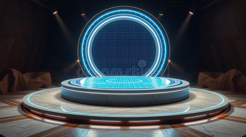Futuristic Sci-Fi Stage with Glowing Blue Grid and Holographic Display ...