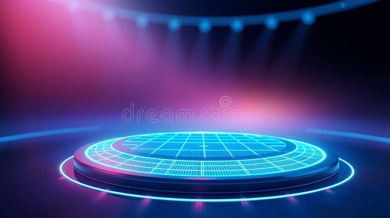 Futuristic Sci-Fi Stage with Glowing Blue Grid and Holographic Display ...