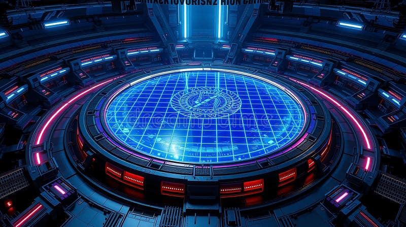 Futuristic Sci-Fi Stage with Glowing Blue Grid and Holographic Display ...