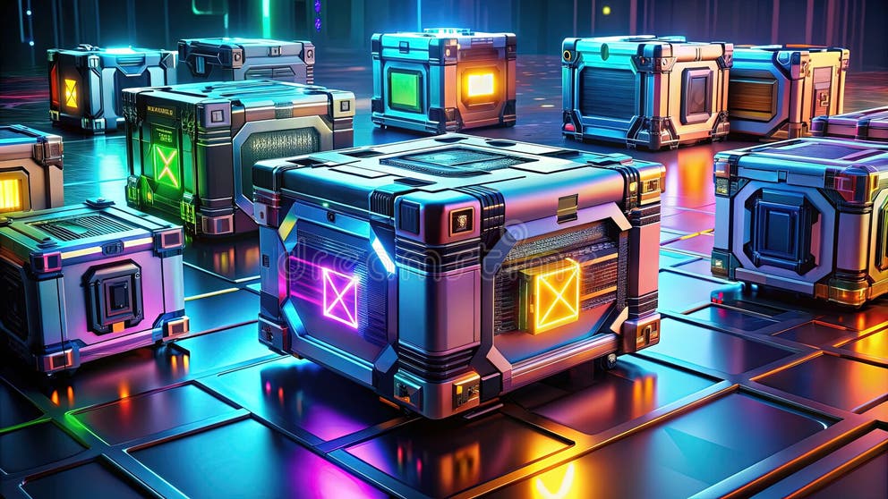 Futuristic SciFi Boxes Holographic Interfaces Blaze with Vibrant Colors ...