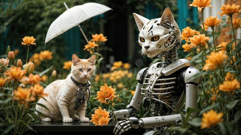 Futuristic Robo Cat Gardener with Metal and Wire Skeleton, Real Cat ...