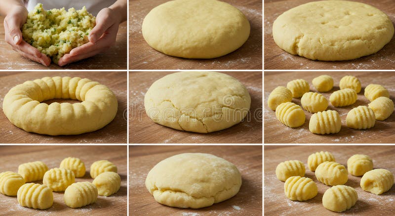 Making Gnocchi: a Step-by-Step Visual Guide. Light Brown Wooden Background. Bright Even Lighting ...