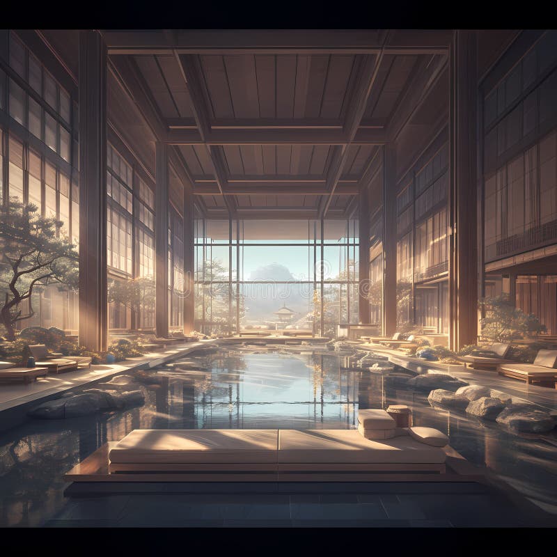 Elegant Japanese Spa Atrium with Sunlit Swimming Pool and Gardens Stock ...