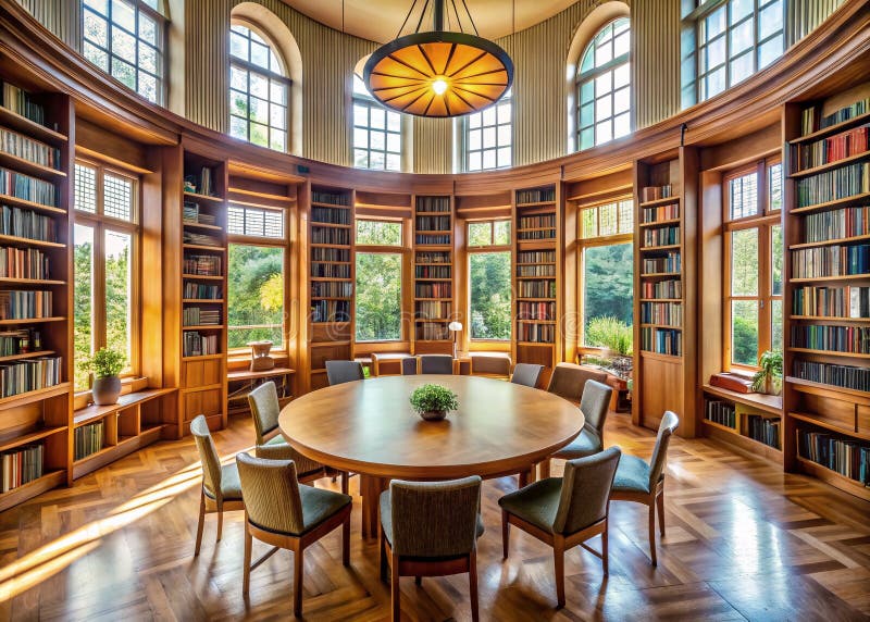 A Peaceful Study Space Serene Library Interior with Round Table ...