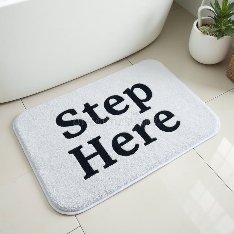 Step Here Bath Mat with Bold Typography on Bathroom Floor Stock ...