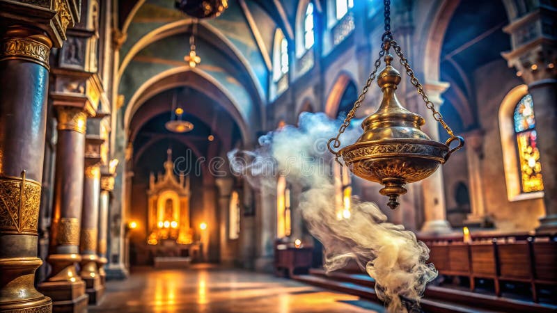 Majestic Church Interior a Panoramic View of Mystical Incense and ...