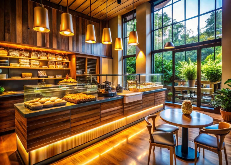 Inviting Atmosphere in a Modern Cafe Sleek Wood Accents and LowLight ...