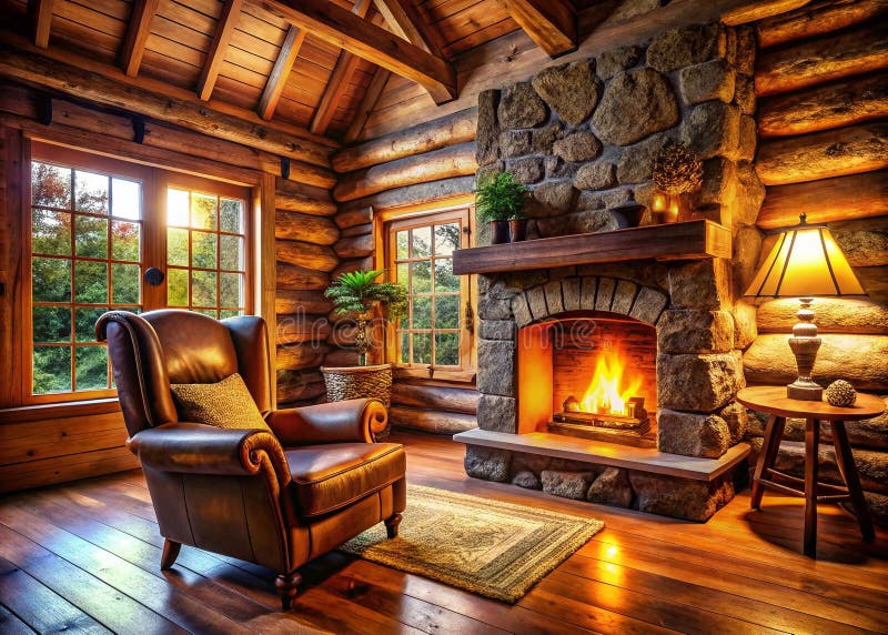Rustic Charm a Cozy Log Cabin Interior with a Warm Fireplace and ...