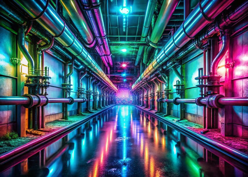 Abstract Industrial Pipe Tunnel NeonLit Double Exposure 3D Render a ...