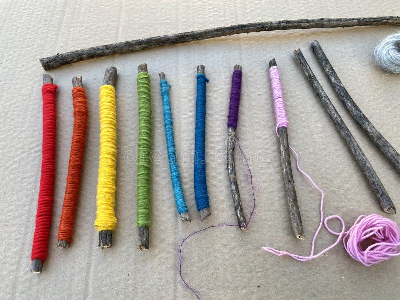 Children S Mobile Made of Sticks and Yarn, Kids Craft. Stock Image ...