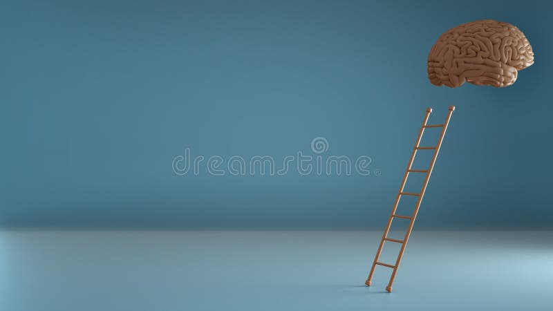 Step Ladder Leading To Human Floating Brain on Blue Background. Growth ...