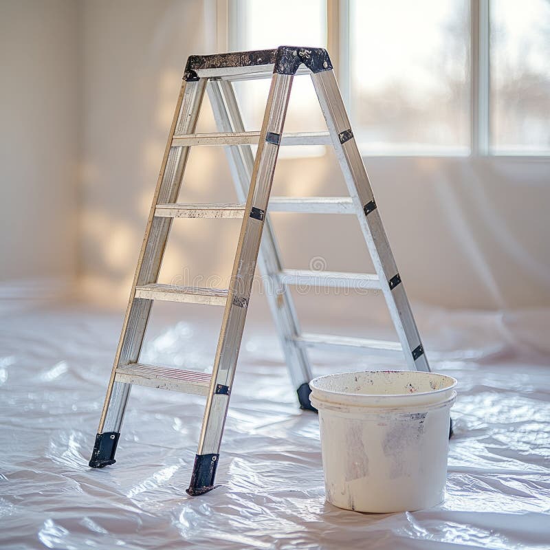 Step Ladder and Paint Bucket in a Sunlit Room with Plastic Sheet. Stock ...