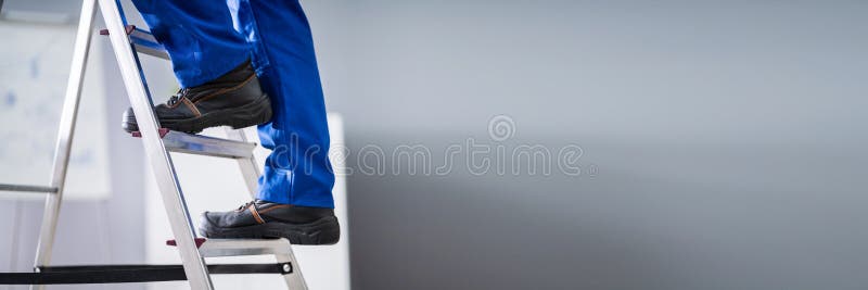 Handyman Climbing Ladder stock photo. Image of feet - 238545006
