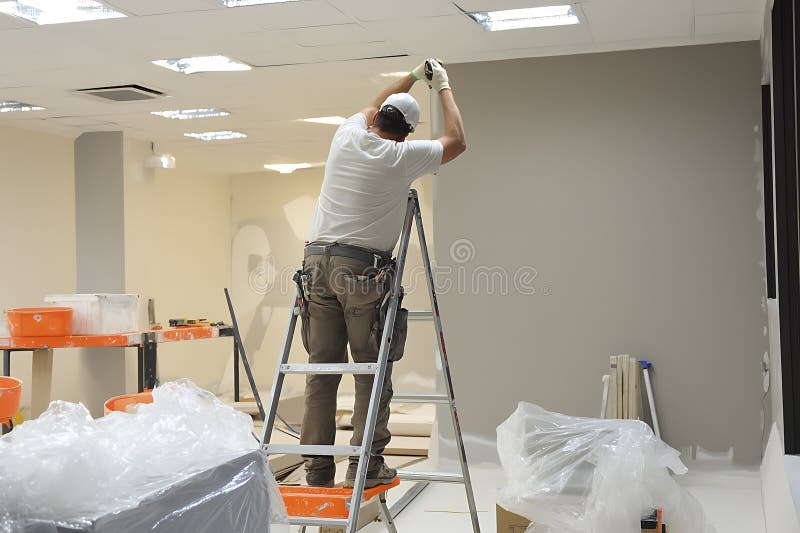 Step Ladder Task in Office Renovation with Tools and Plastic Coverings ...