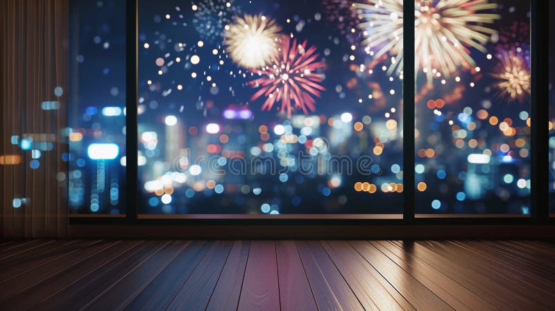 Luxurious Serenity: Empty Room with Panoramic Windows and Fireworks ...