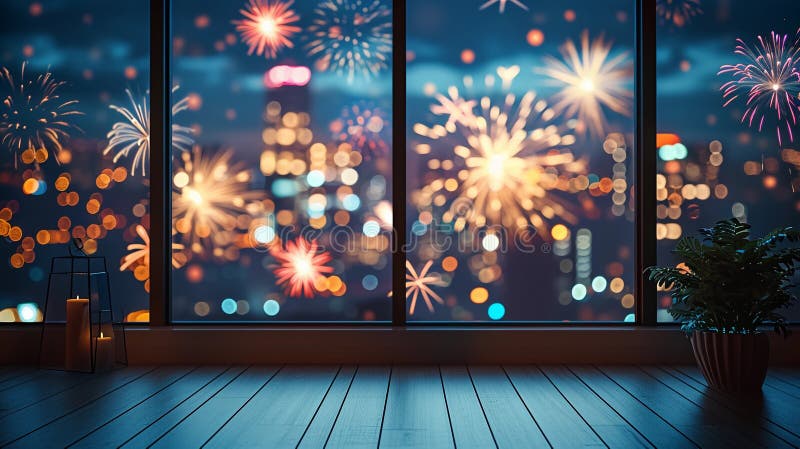 Luxurious Serenity: Empty Room with Panoramic Windows and Fireworks ...