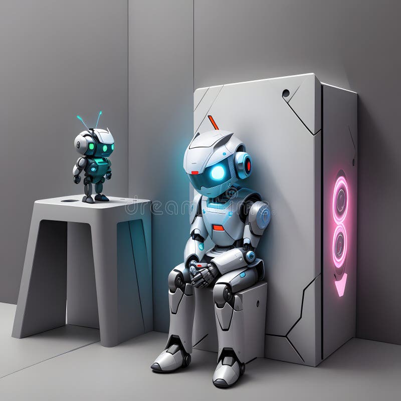 Robot Stand in Front of the Wall with Neon Sign. 3D Rendering. Stock ...