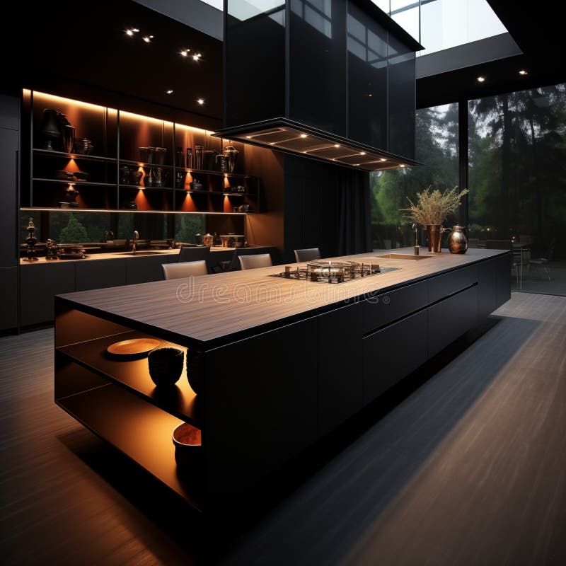 Luxury Black Kitchen with Large Kitchen Island and Windows Dark Tones ...