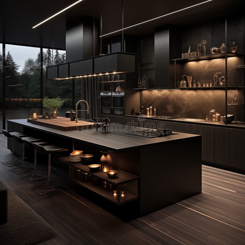Luxury Black Kitchen with Large Kitchen Island and Windows Dark Tones ...