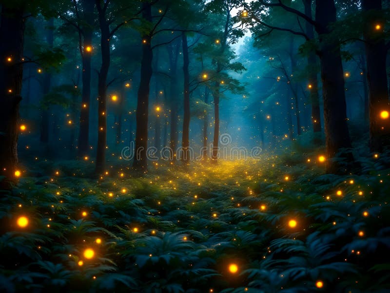 Enchanted Forest at Night with Glowing Fireflies Creating a Magical Atmosphere Amidst Lush ...