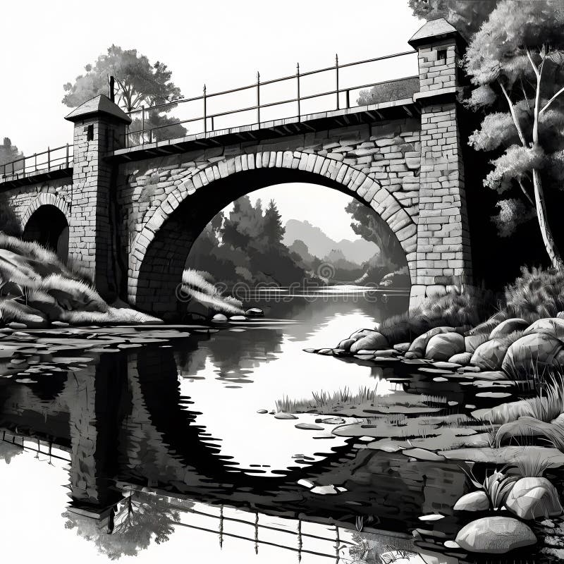 Vintage Charm: Illustrated Old Bridge in Black and White. Stock ...