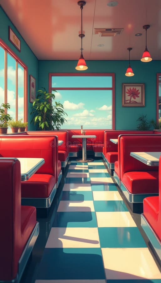 Retro Diner Interior with Vibrant Red Booths Stock Photo - Image of ...