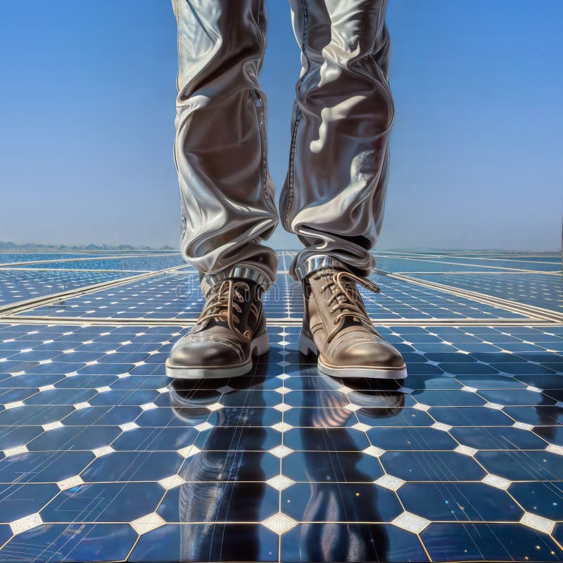 Rugged Boots on Solar Panels, Reflecting Renewable Energy and ...